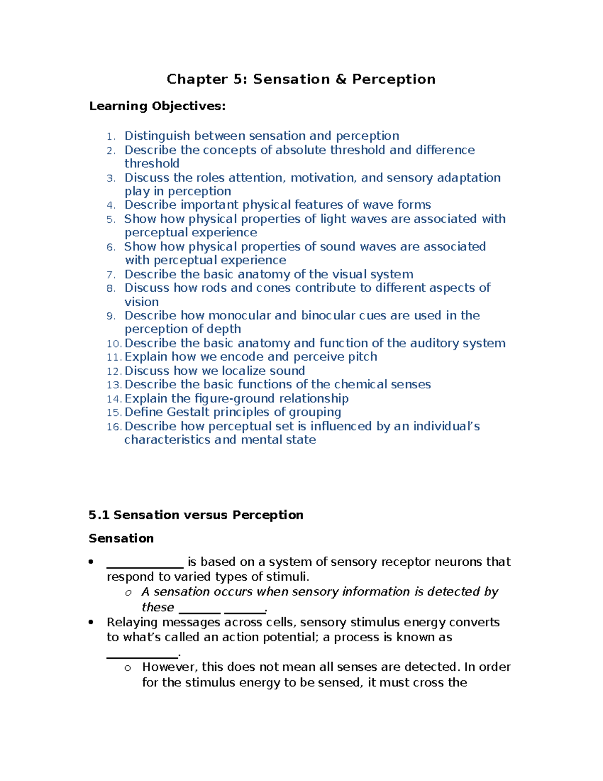 Chapter 5: Sensation and Perception Overview - Key Concepts and ...