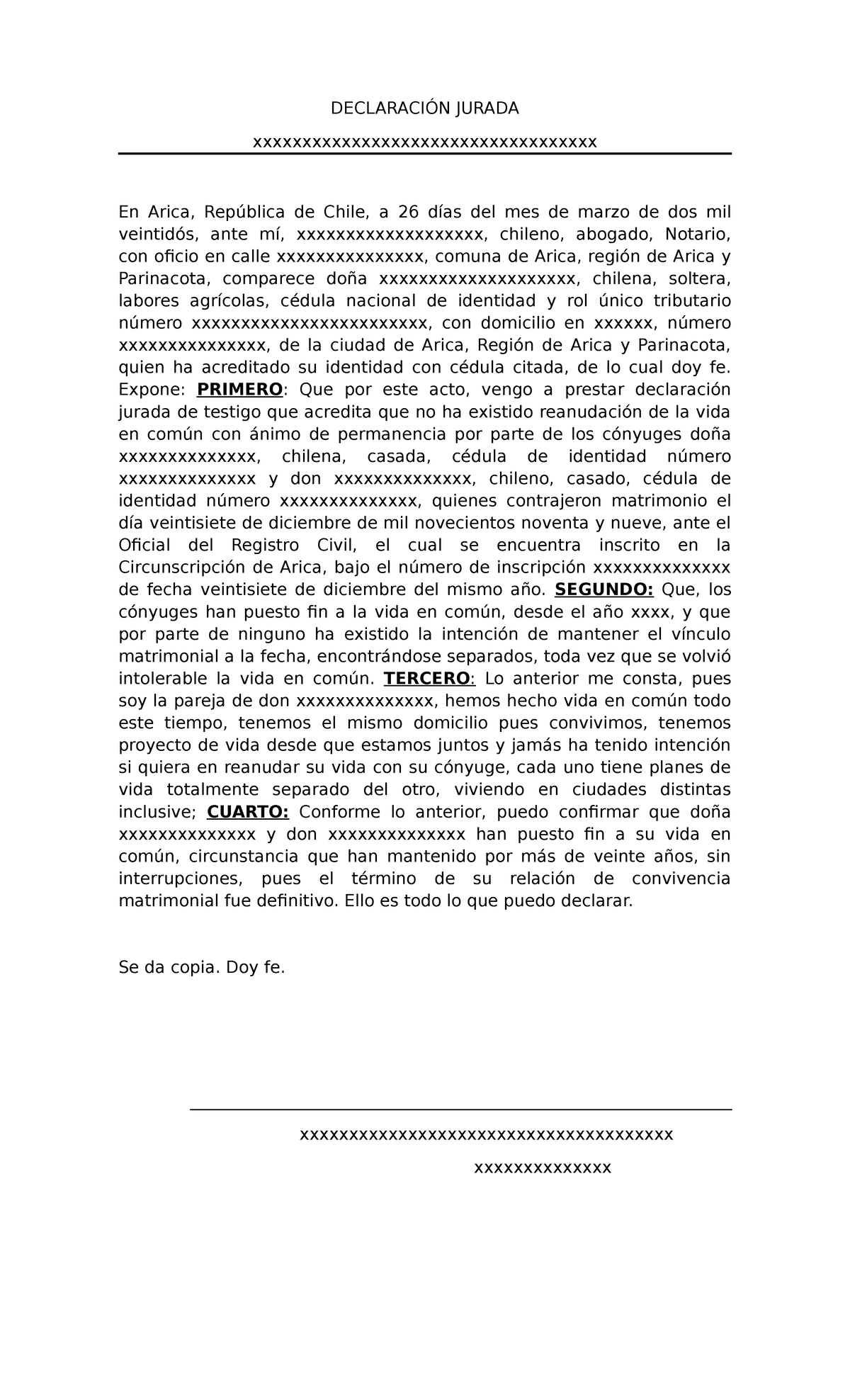 Modelo de Declaración Jurada de Testigos para Divorcio de Mutuo Acuerdo ...