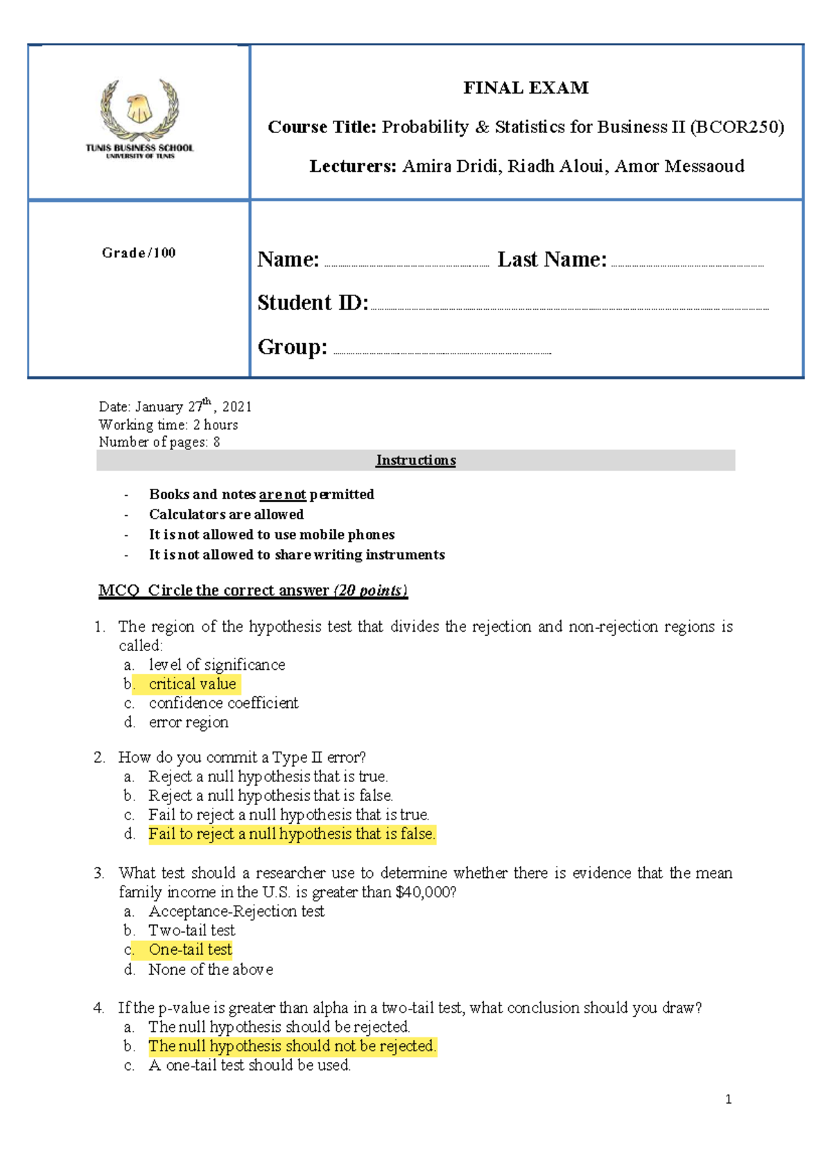 FINAL EXAM BCOR250: Probability & Statistics for Business II - Studocu