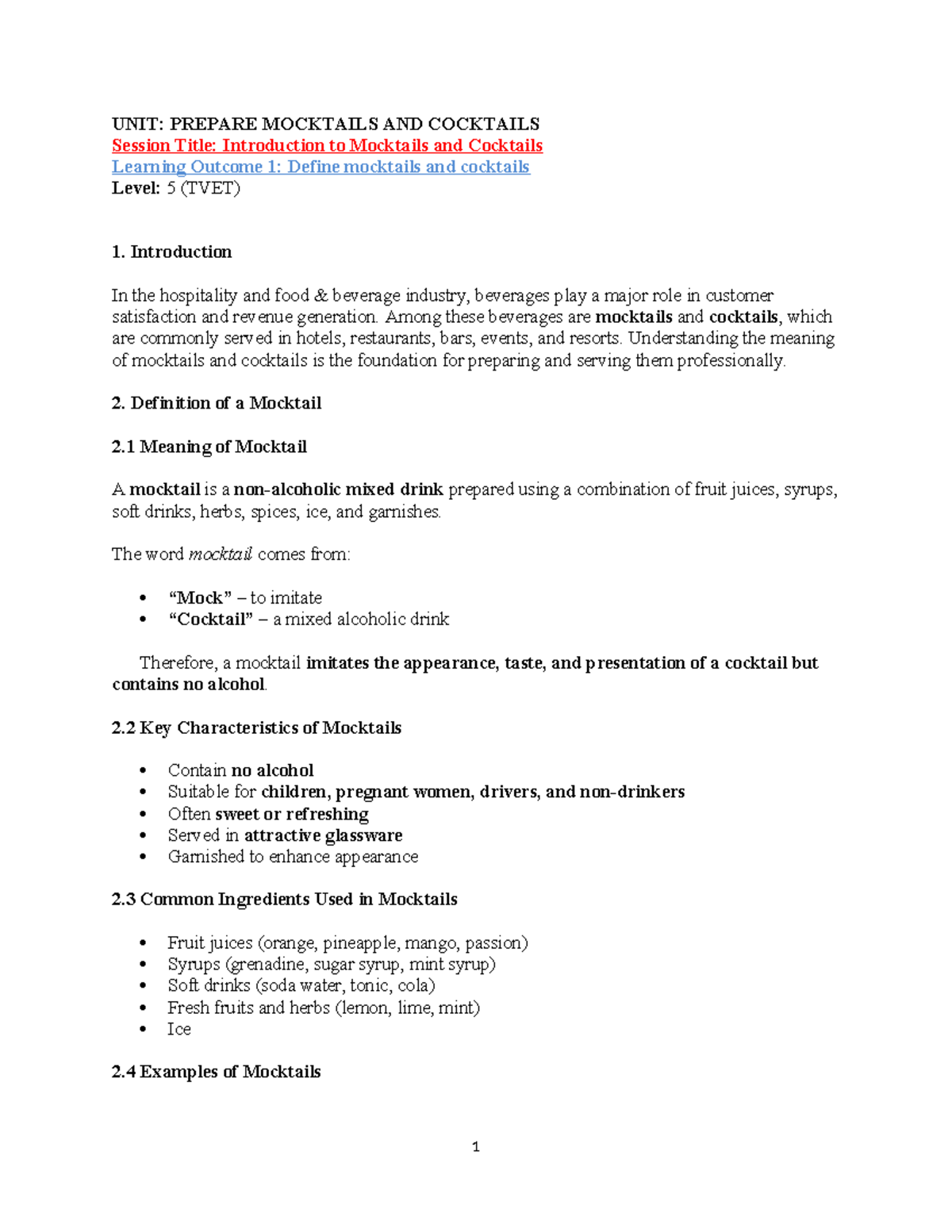 Mocktails & Cocktails Notes (Level 5 TVET) - Studocu