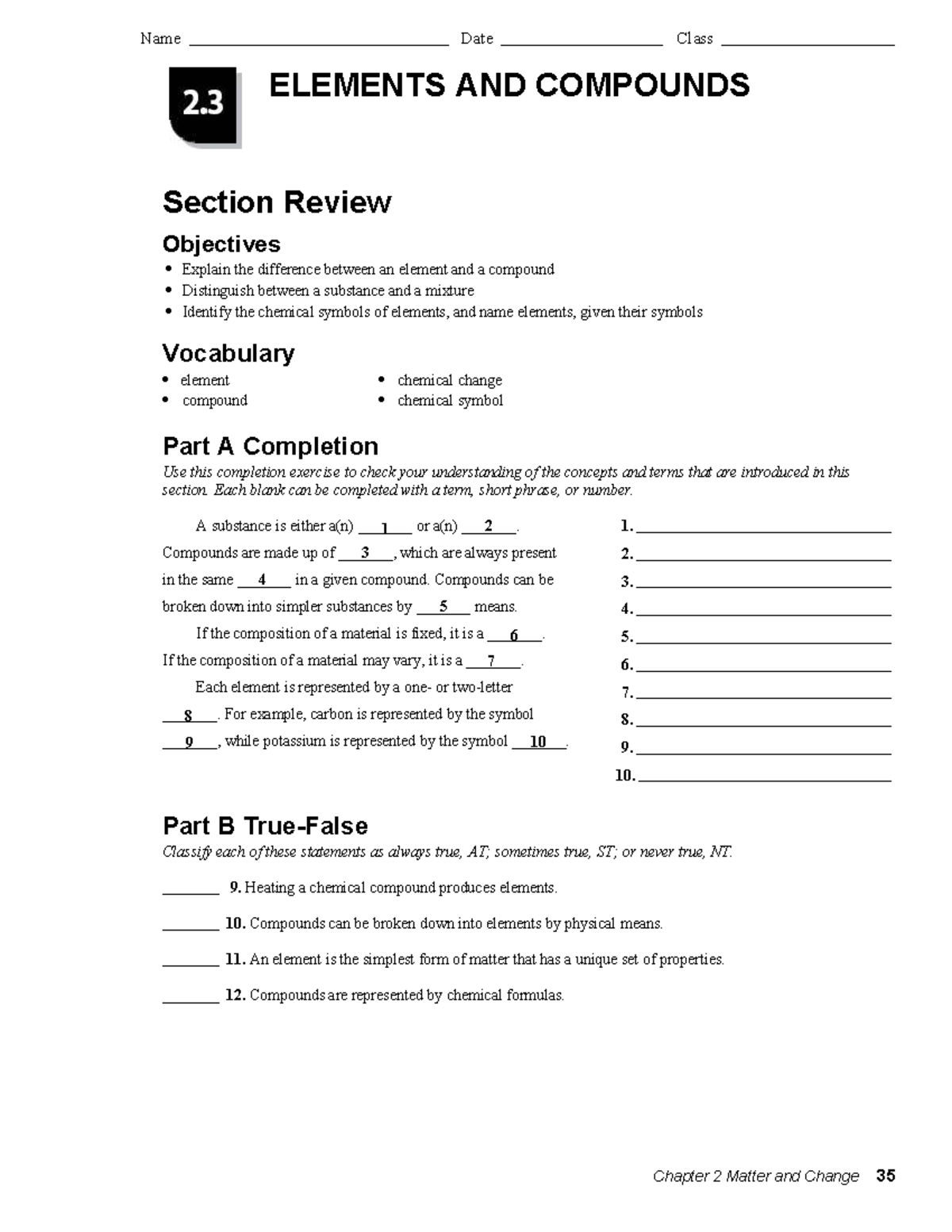 D0597958 CHEM12 C0203 Elements and Compounds Section Review - Studocu