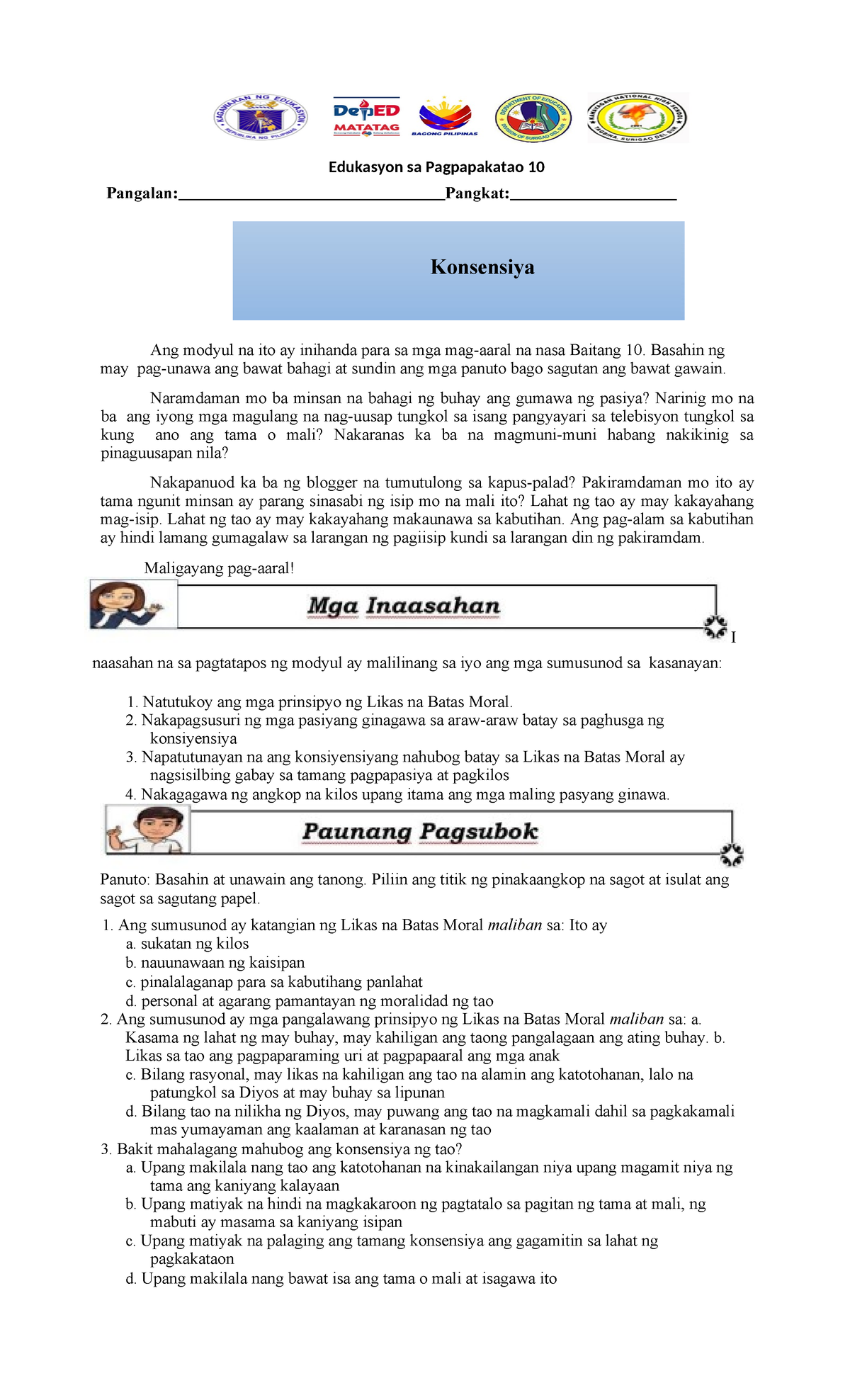 Learners Activity Sheet: Edukasyon sa Pagpapakatao 10 Modyul 2 - Studocu