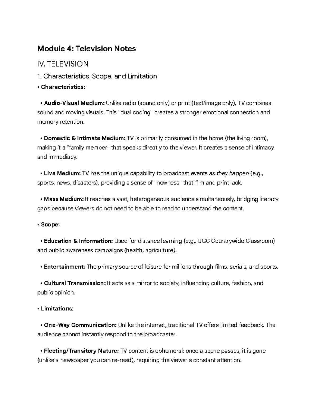 Module 4: Television Notes - Characteristics, Scope & Limitations - Studocu