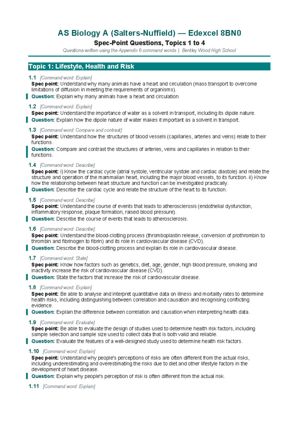 AS Biology A Edexcel 8BN0 Spec Questions: Topics 1-4 Overview - Studocu
