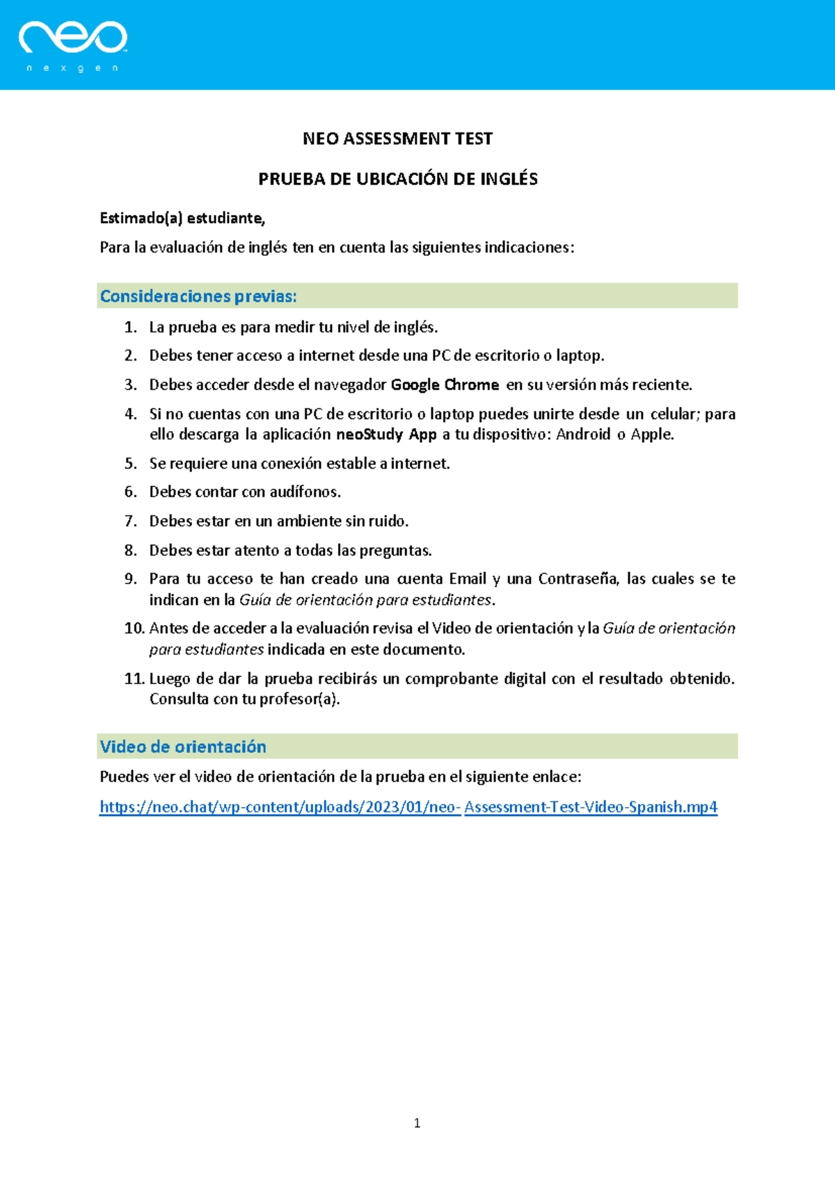 Guía Estudiantil: Prueba de Ubicación de Inglés - NEO ASSESSMENT TEST ...