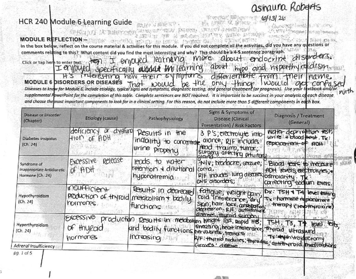 HCR 240 Module 6 Learning Guide: Reflection on Endocrine Disorders ...