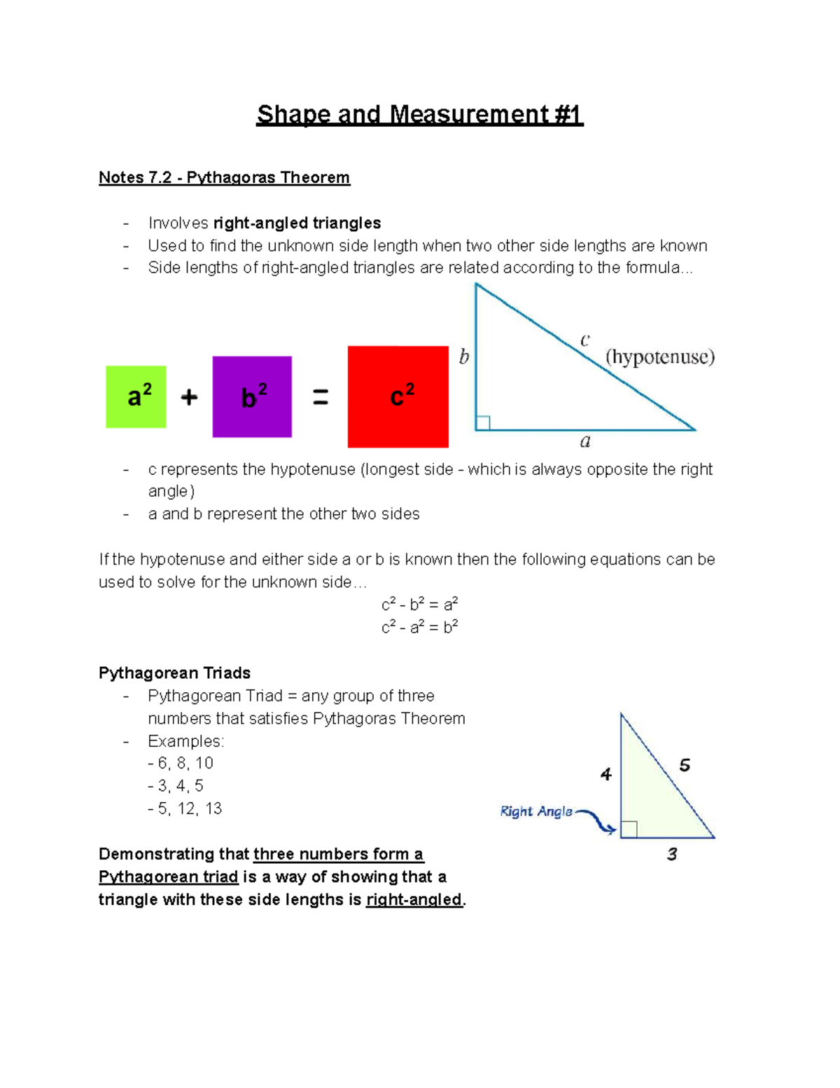 Shape and Measurement #1: Pythagorean Theorem & Triads Notes - Studocu