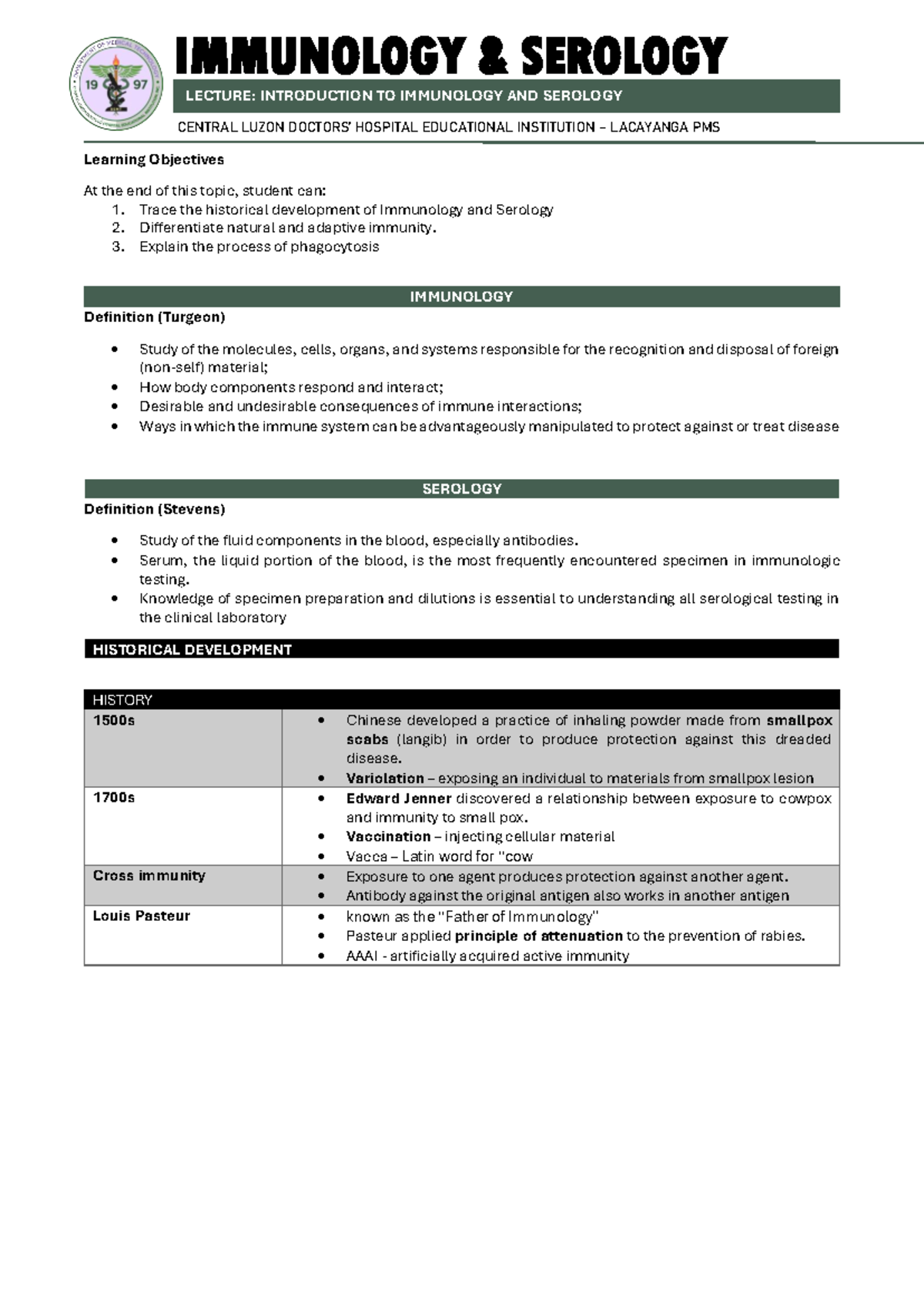 Immuno SERO 1: Intro to Immunology & Serology Lecture Notes - Studocu