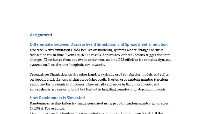 Simulation Assignment: Discrete Event vs. Spreadsheet Simulation - Studocu