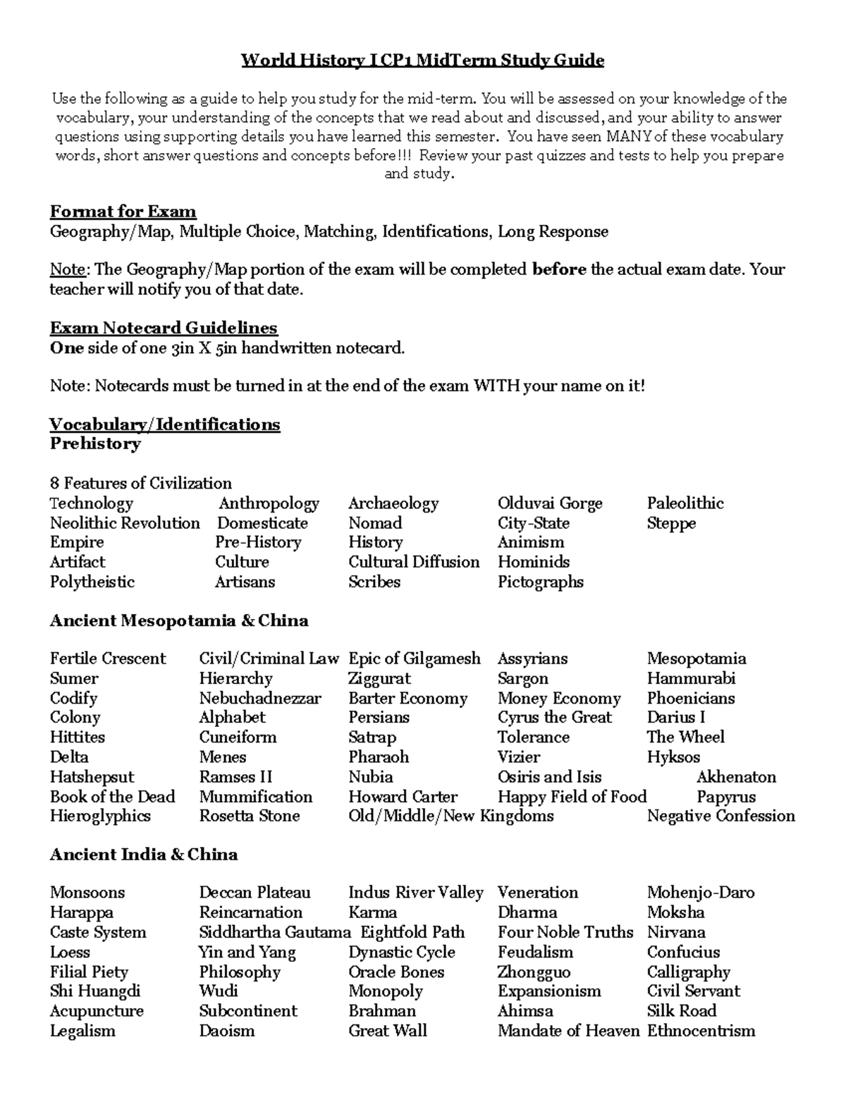 World History I CP1 Midterm Study Guide and Exam Prep - World History I ...
