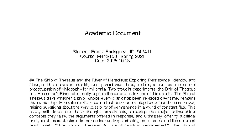 PHYS150 Final Essay: The Ship of Theseus & Heraclitus' River - Studocu