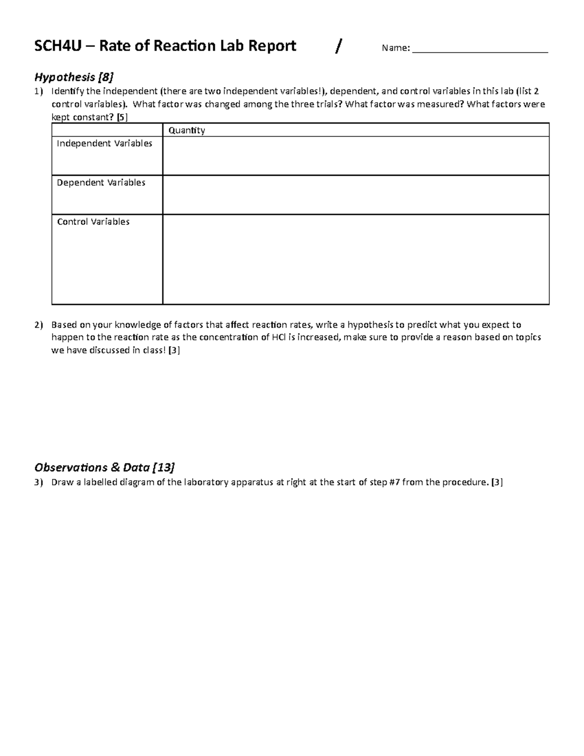SCH4U - Rate of Reaction Lab Report - Energy and Rates Analysis - Studocu
