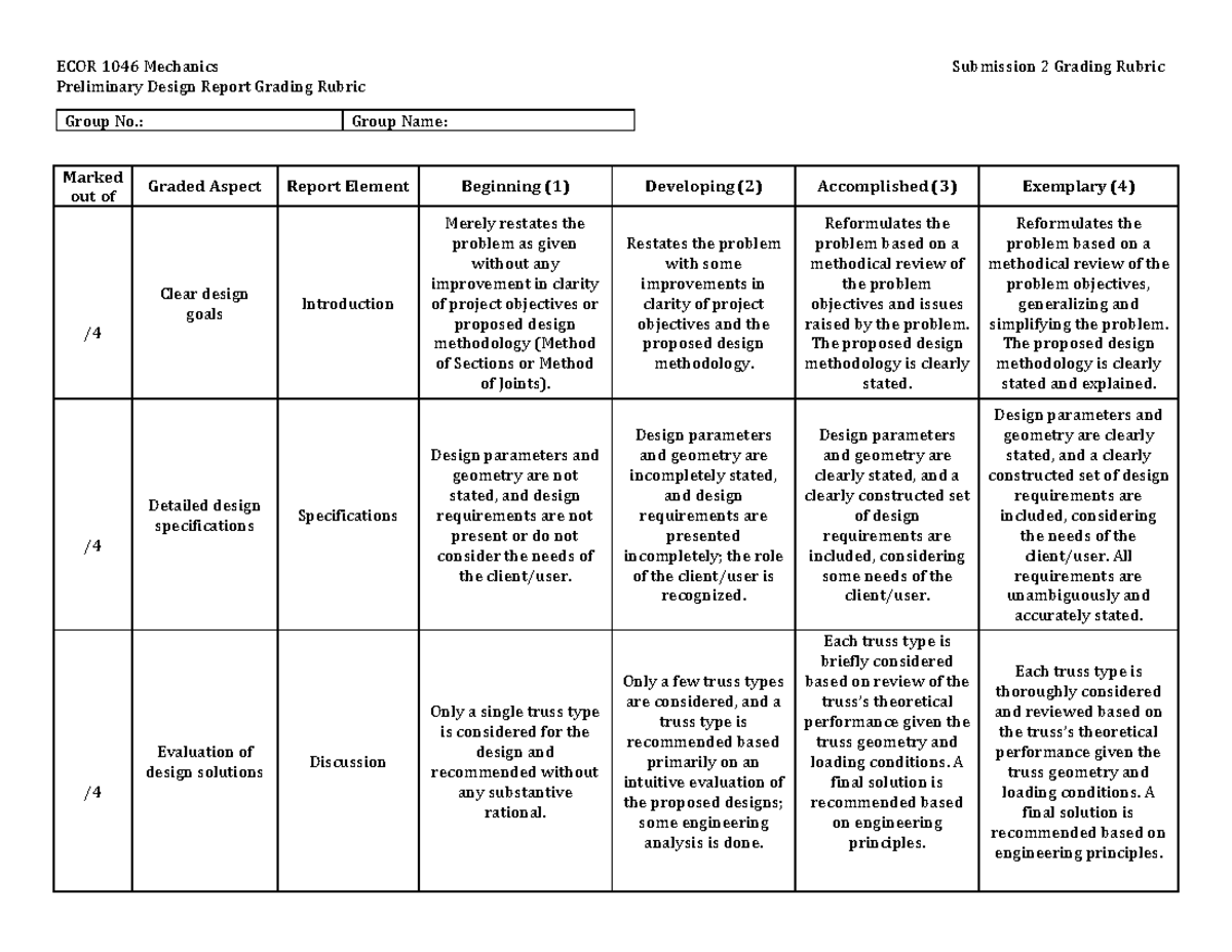 ECOR1046 Preliminary Design Rubric - ECOR 1046 Mechanics Submission 2 ...