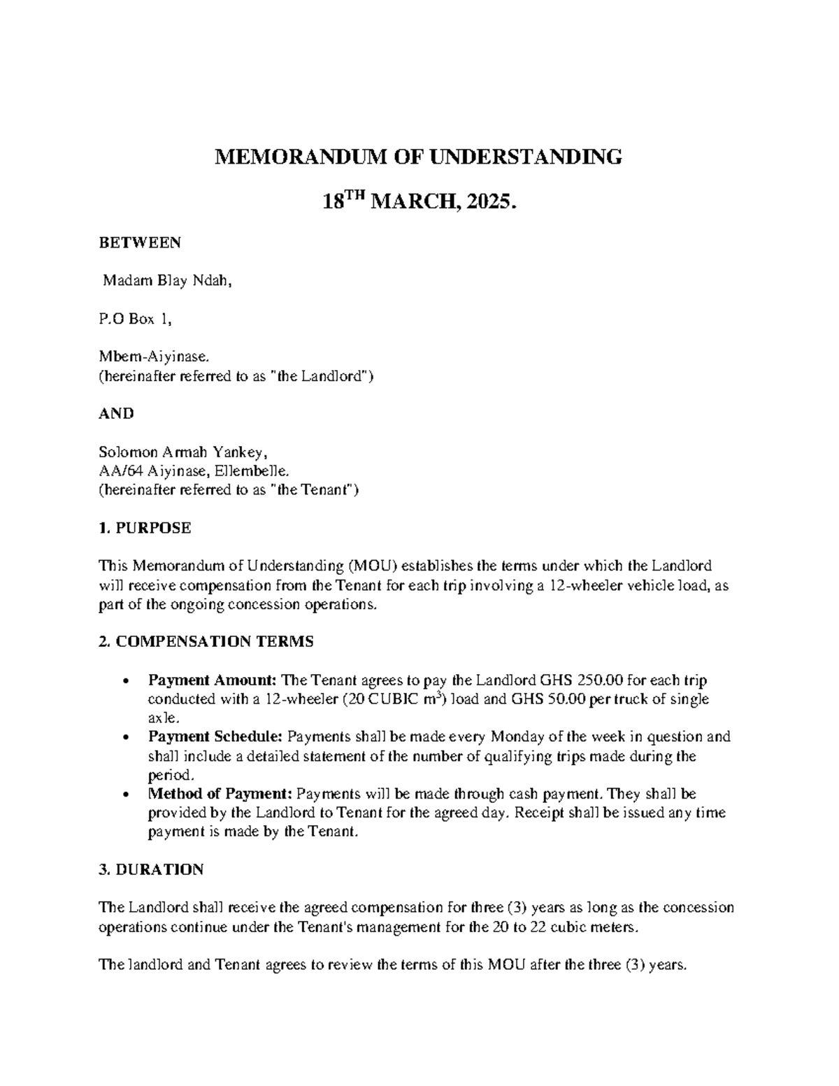 Mr. Solomon Armah Yankey MOU-1 - MEMORANDUM OF UNDERSTANDING 18 TH ...