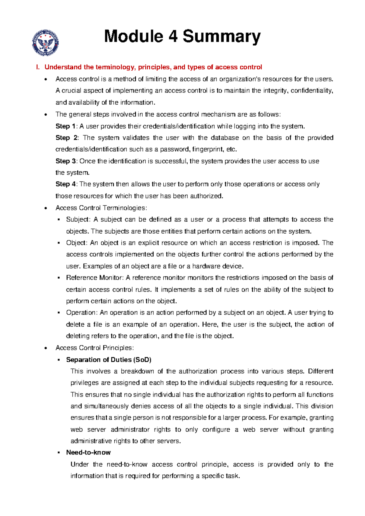 Module 4 Summary: Access Control, IAM, and Authorization Concepts - Studocu