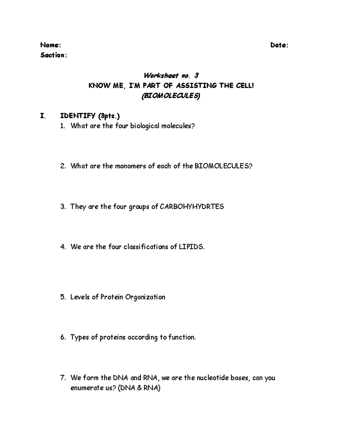 Worksheet 3: Understanding Biomolecules and Their Functions - Studocu