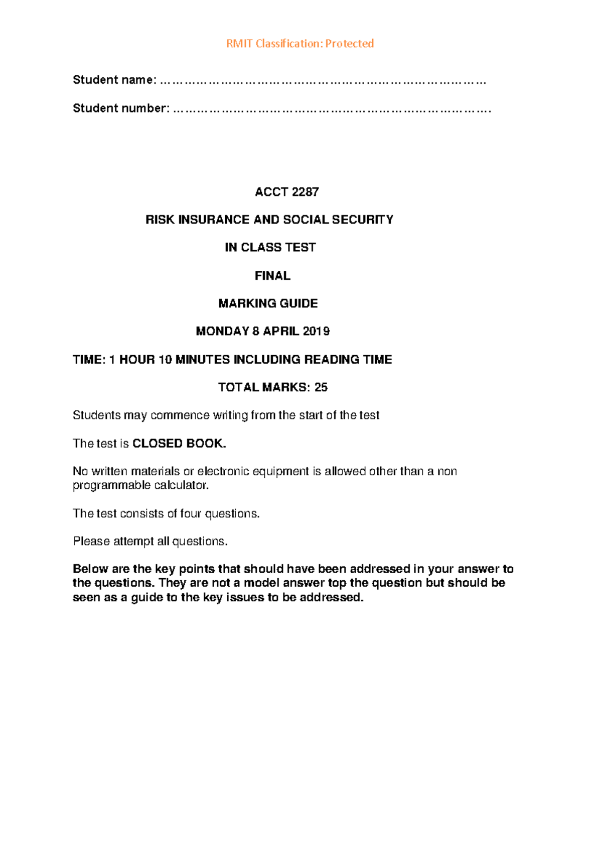 ACCT 2287 Final Test Marking Guide - Risk Insurance & Social Security ...