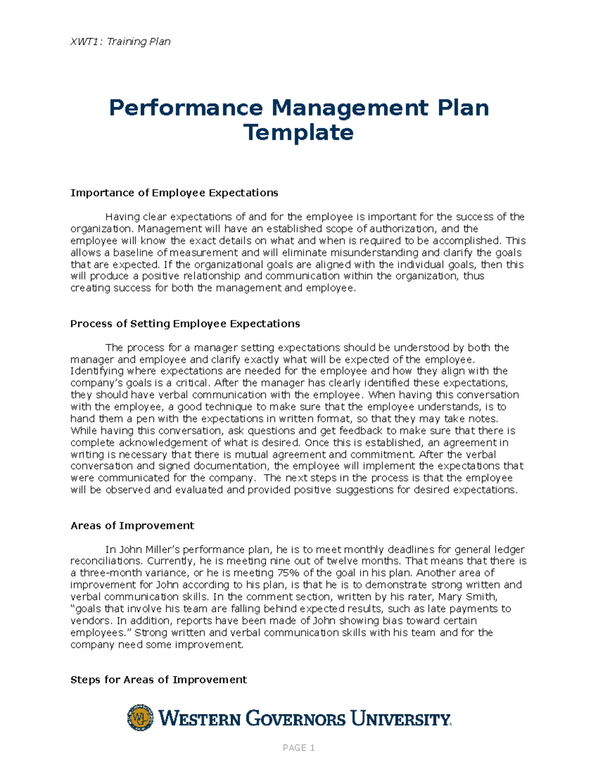 C235 Task 2 Performance Management Plan AF - XWT1: Training Plan ...