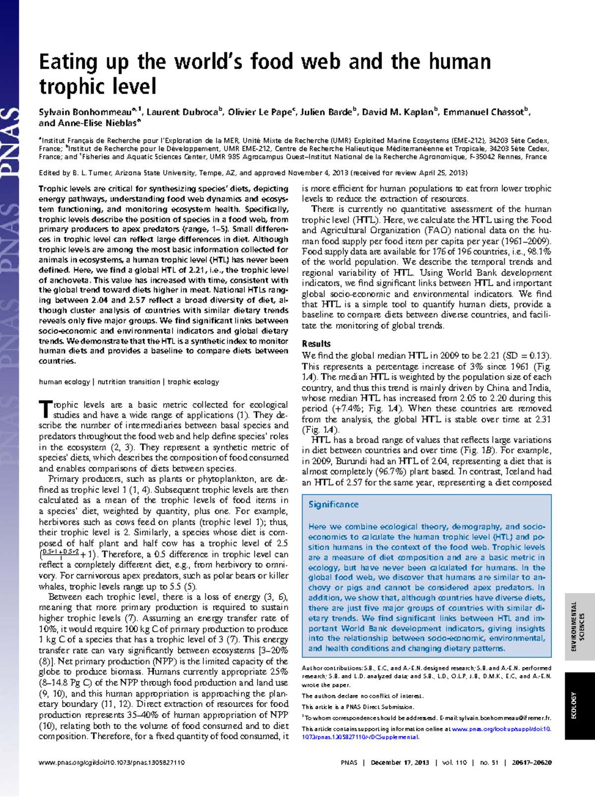 PNAS 2013: Human Trophic Level Analysis and Food Web Dynamics - Studocu