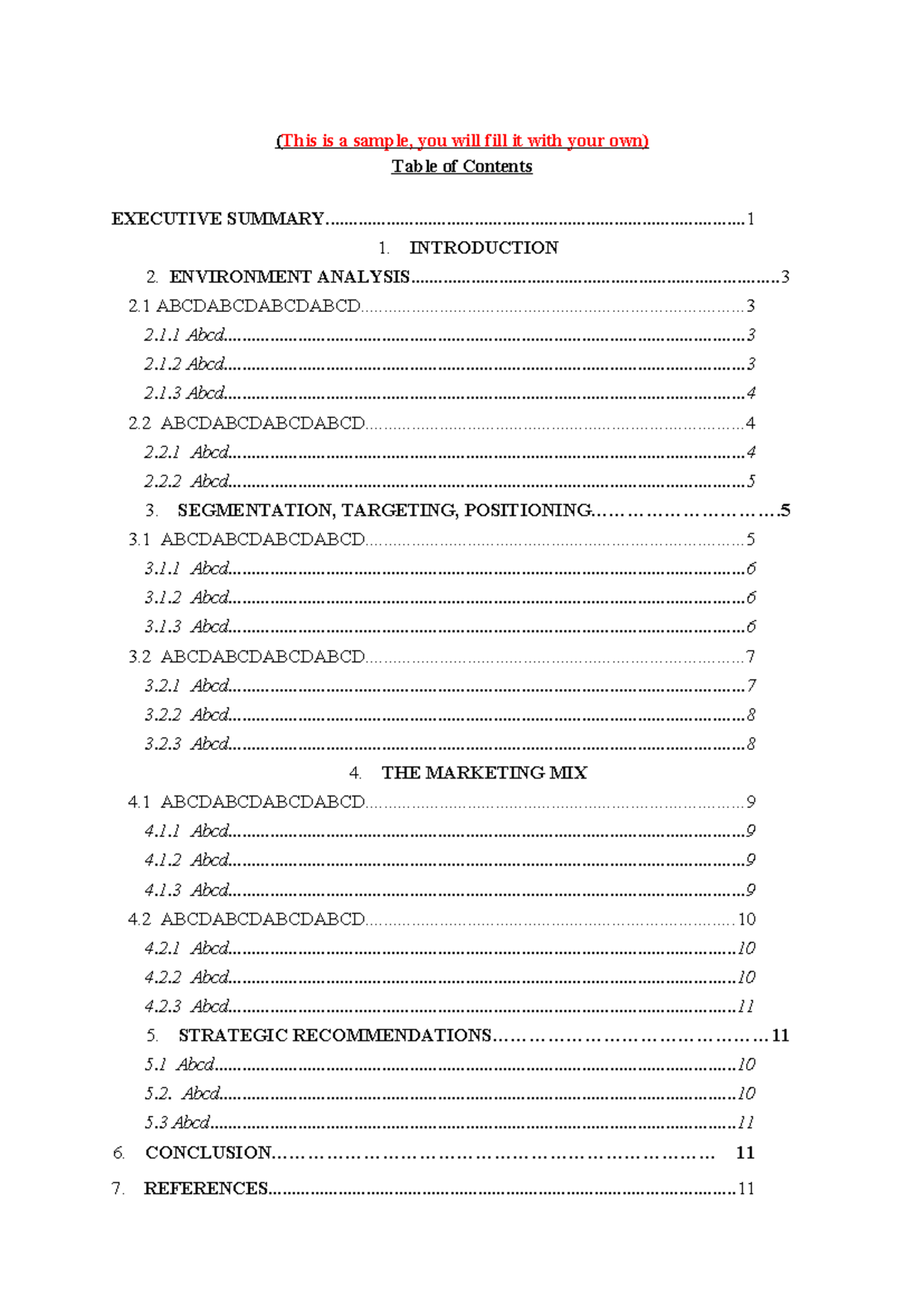 Table of Contents that you can use - (This is a sample, you will fill ...