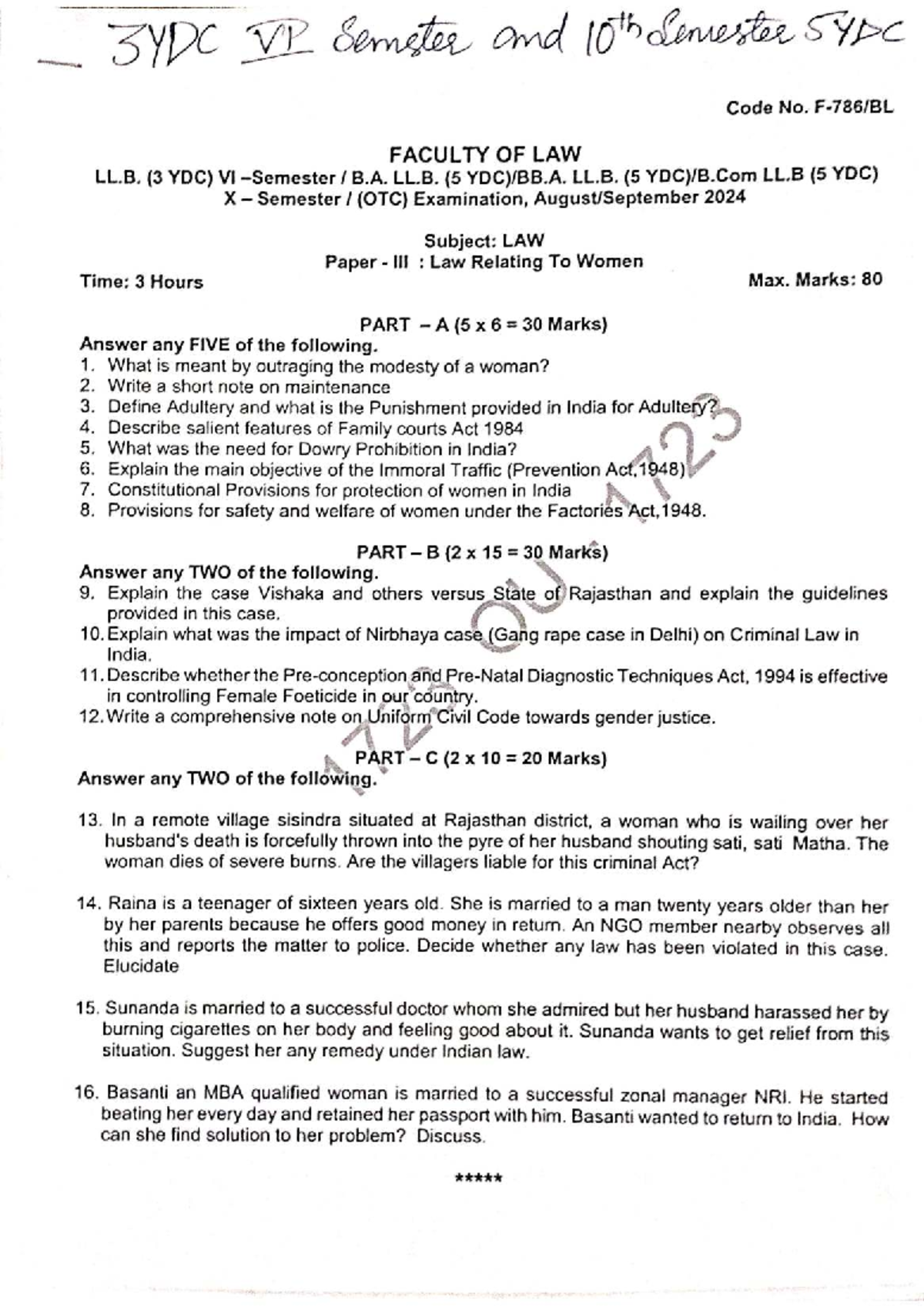 Women and Law: Previous Question Papers (LL.B. 3 YDC VI Sem) - Studocu