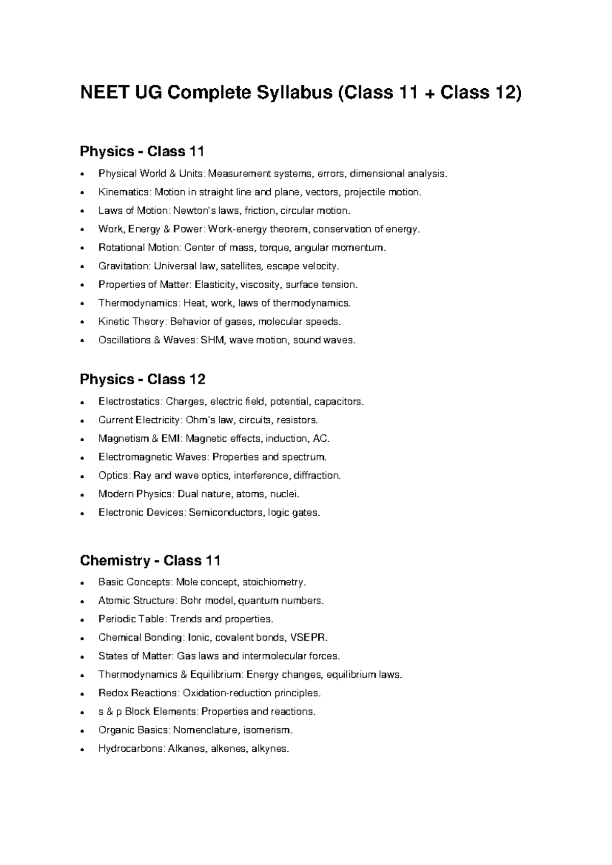 NEET UG Syllabus Overview for Class 11 & 12 Physics and Chemistry - Studocu