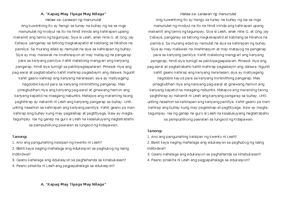 A - Essay Notes on "Kapag May Tiyaga May Nilaga" - Studocu