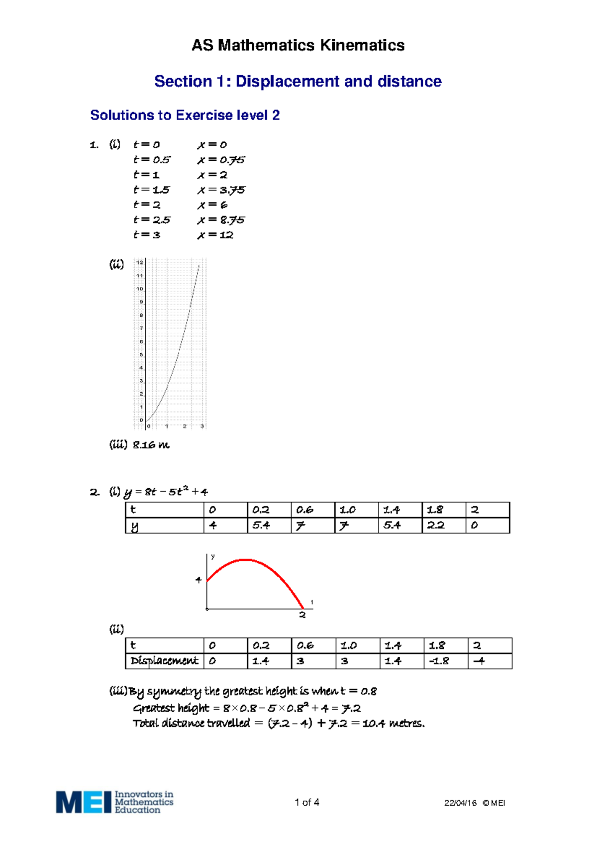 A1 Mathematics Kinematics: Displacement & Distance Ex 2 Solutions - Studocu
