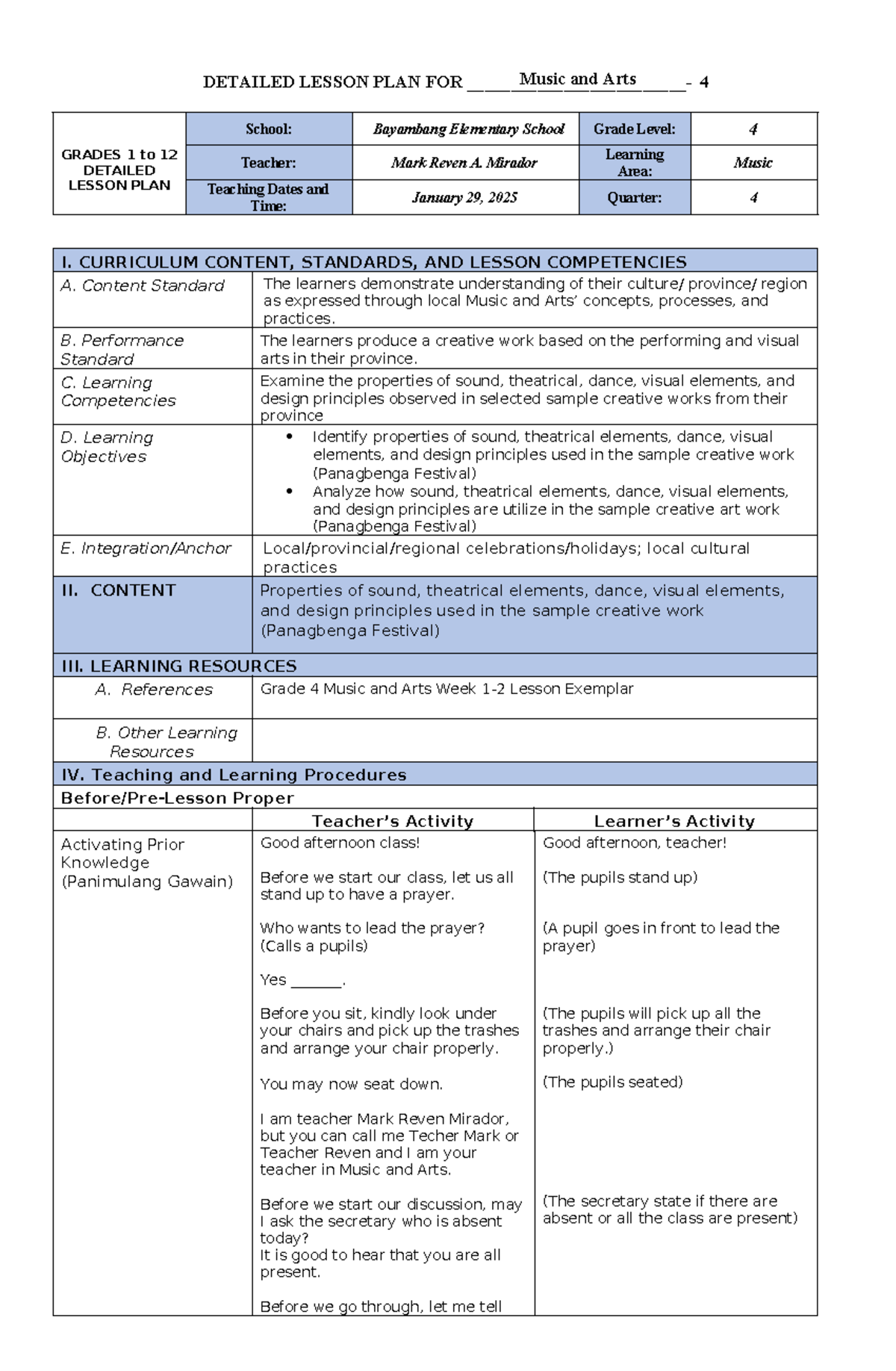 Music and Arts Lesson Plan for Grade 4 - Panagbenga Festival - Studocu
