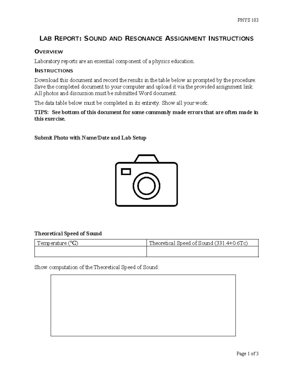 PHYS 103 Lab Report: Sound & Resonance Assignment Overview - Studocu