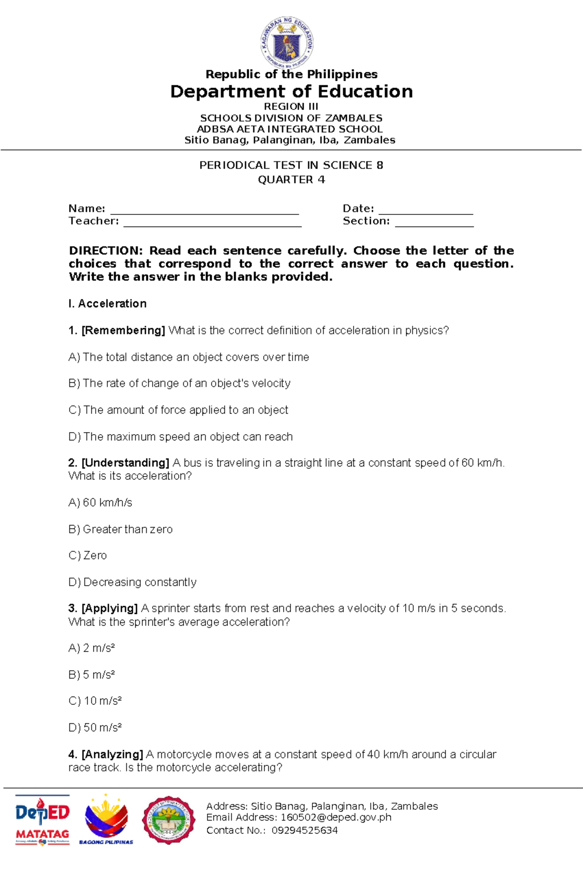 Science 8 Periodical Test - Quarter 4 Exam - Studocu