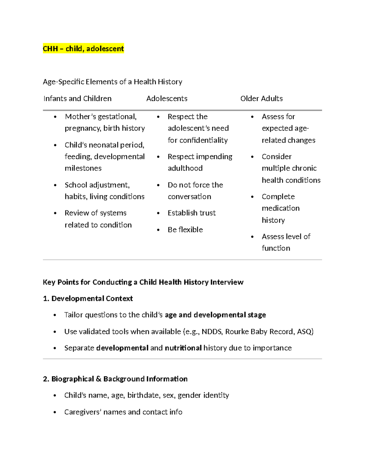 CHH - Child and Adolescent Health History Interview Guide - Studocu