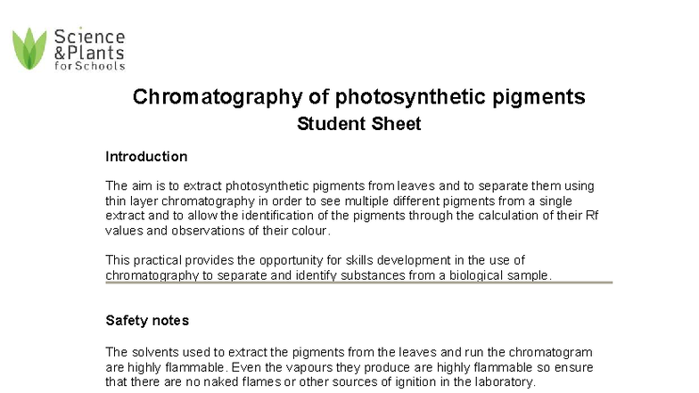SAPS Chromatography of Photosynthetic Pigments: Student Guide - Studocu