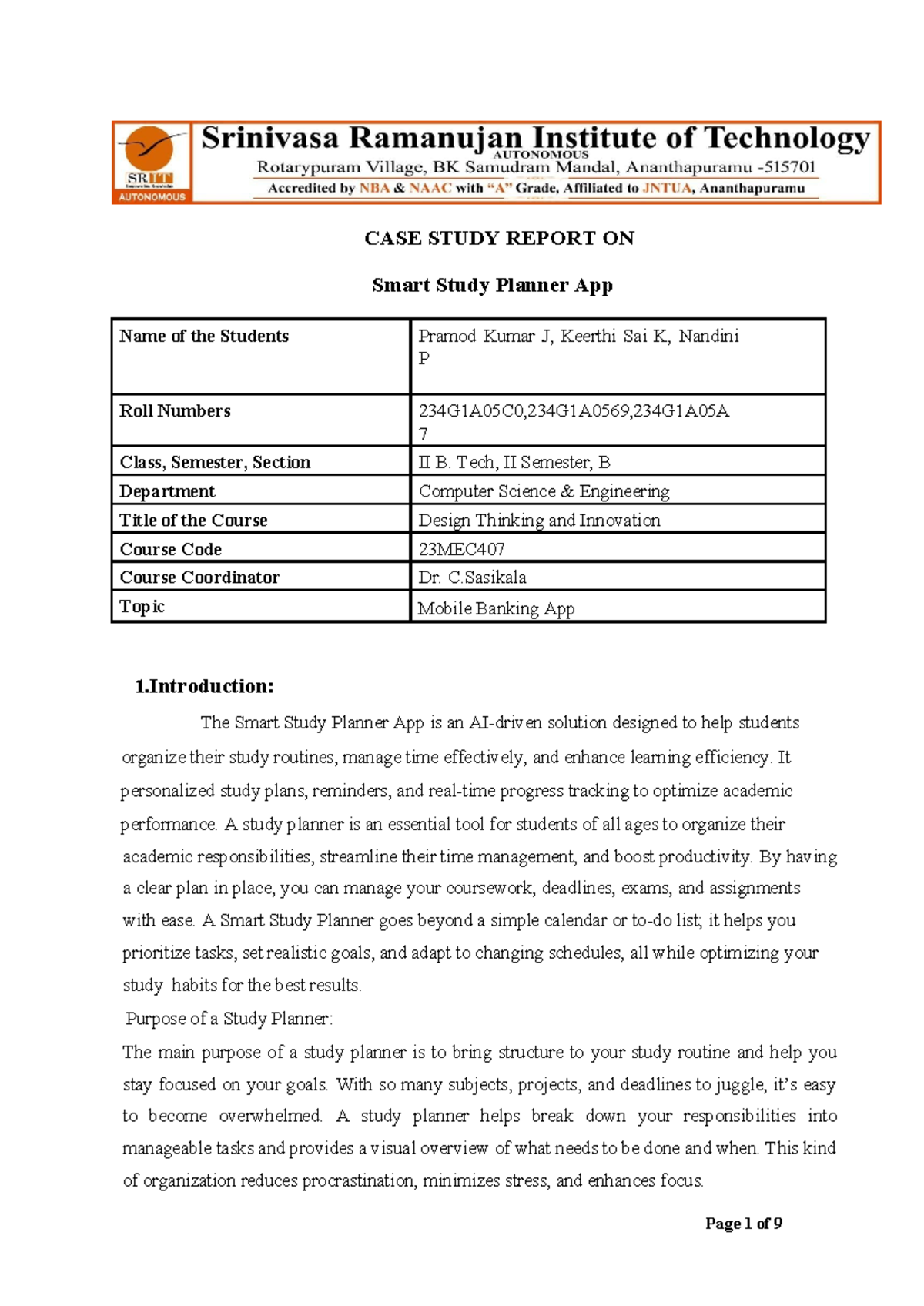 CASE STUDY REPORT ON Smart Study Planner App (23MEC407) - Studocu