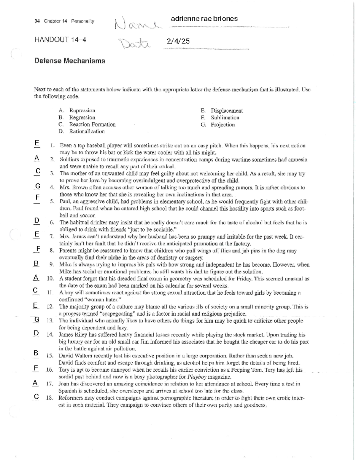 Defense Mechanisms Practice - 34 Chapter14 Personality HANDOUT 14 ...