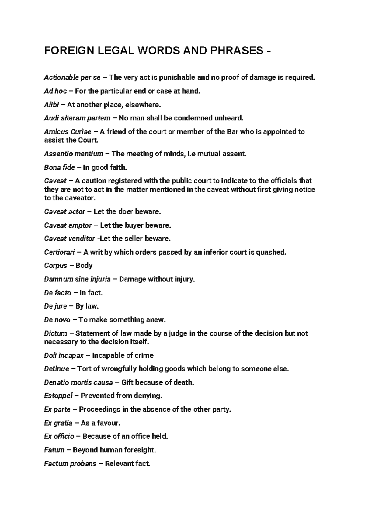 Legal Vocabulary Glossary: Key Foreign Terms and Phrases - Studocu