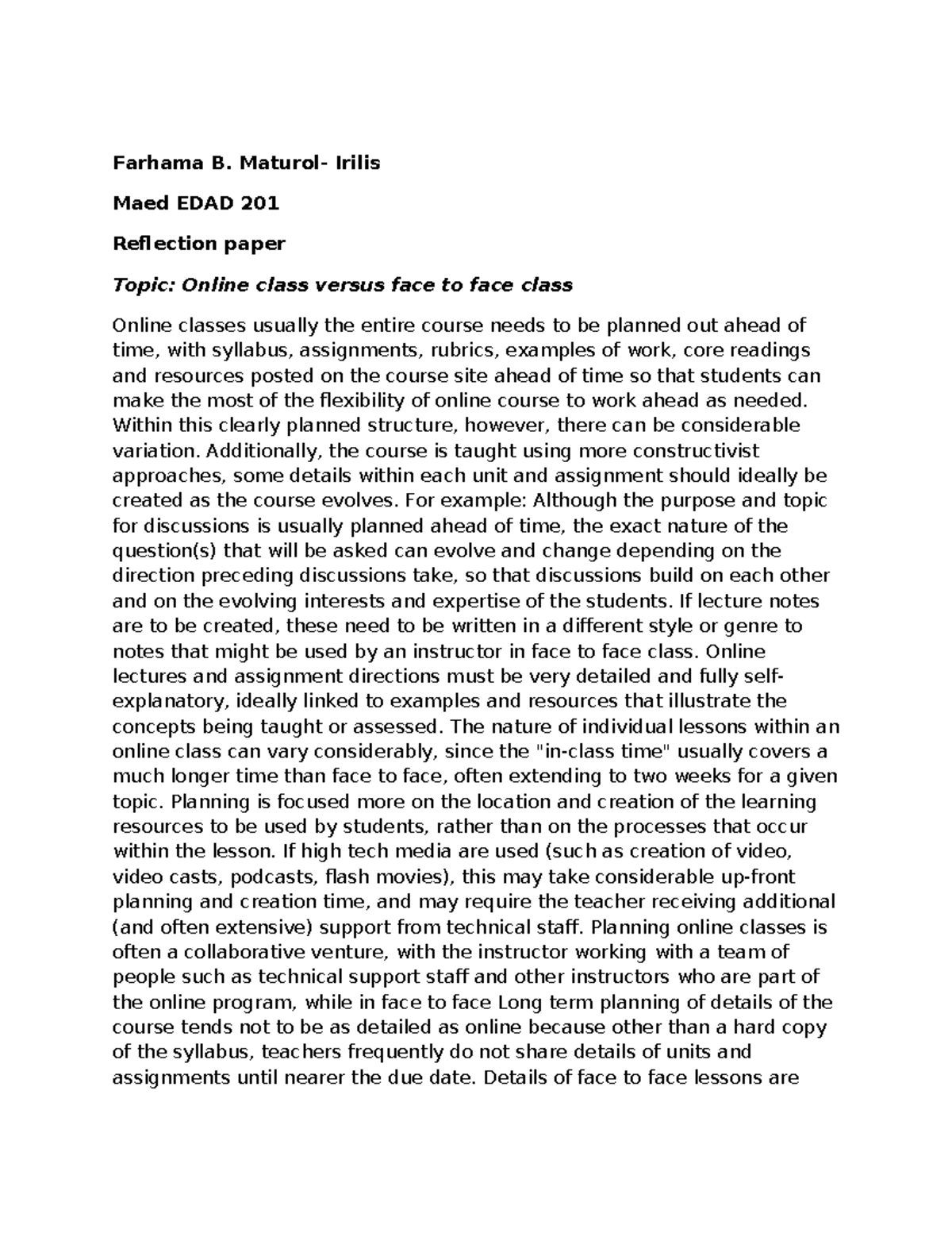 EDAD 201 Reflection Paper: Online vs. Face-to-Face Classes - Studocu