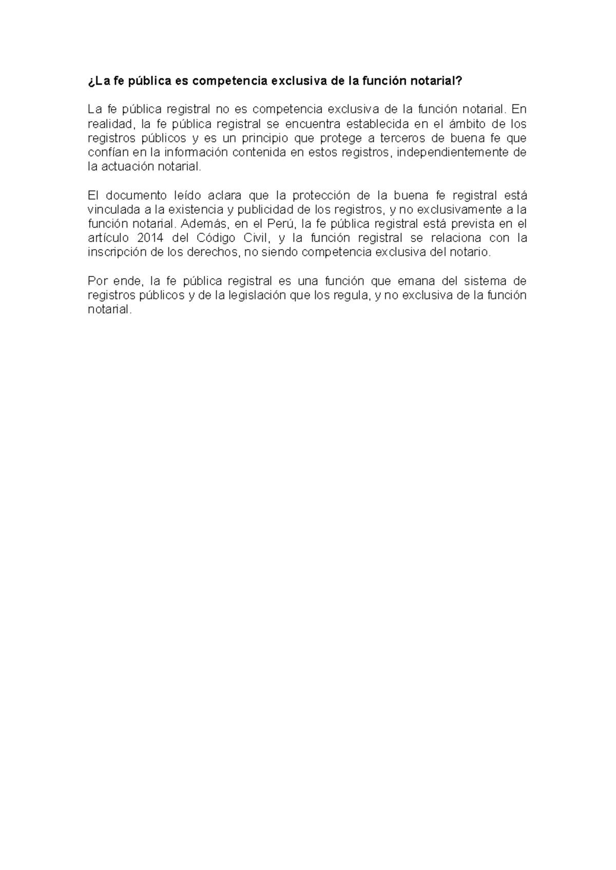 La fe pública registral y su relación con la función notarial - Studocu