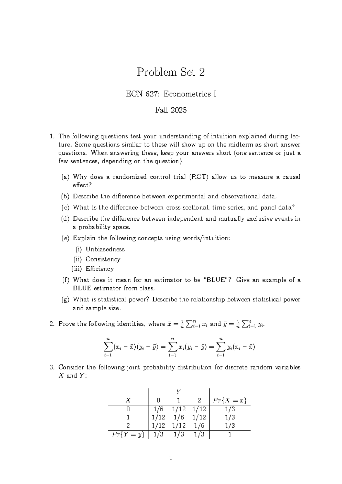 Problem Set 2 ECN 627: Econometrics I - Fall 2025 Analysis - Studocu