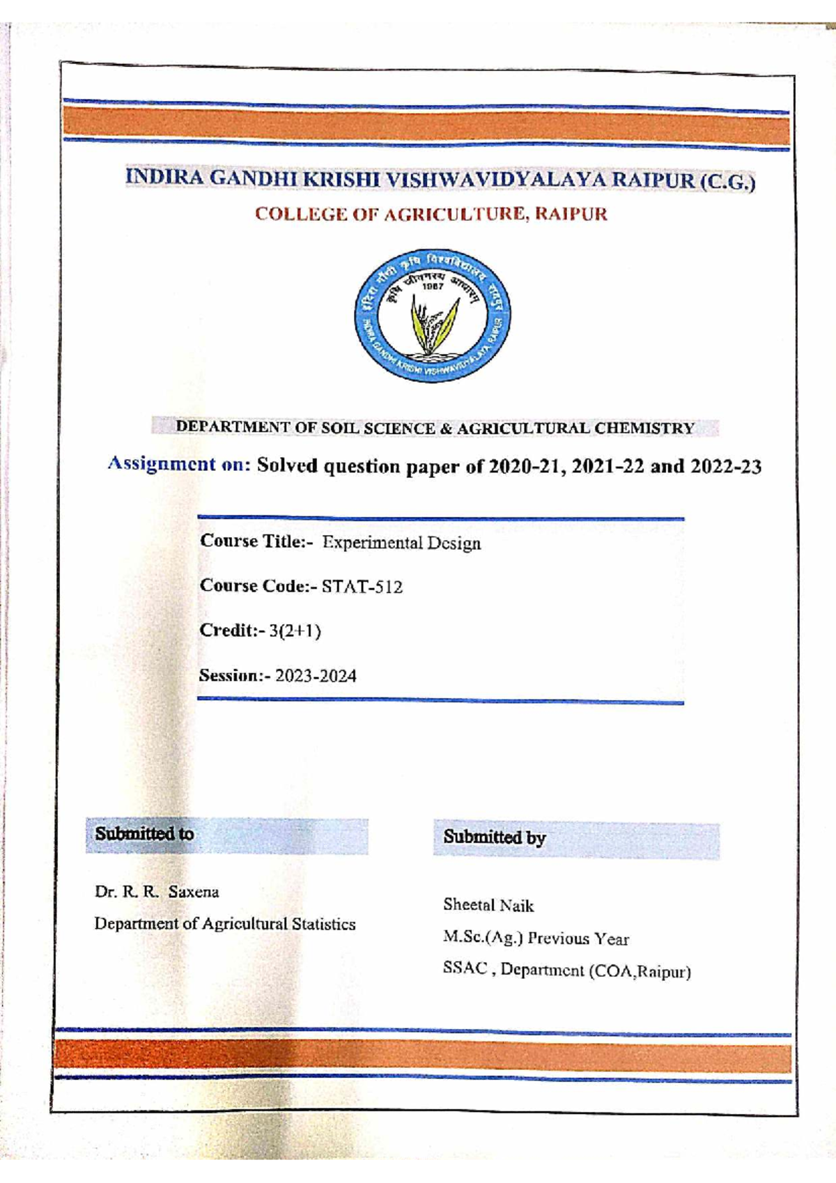 Assignment on Solved Question Paper for STAT-512: Experimental Design ...