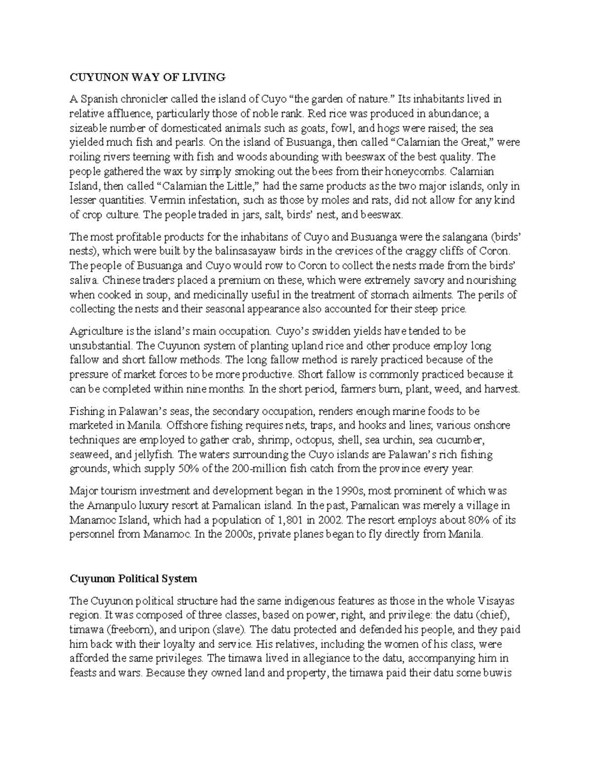 Cuyunon - notes - CUYUNON WAY OF LIVING A Spanish chronicler called the ...