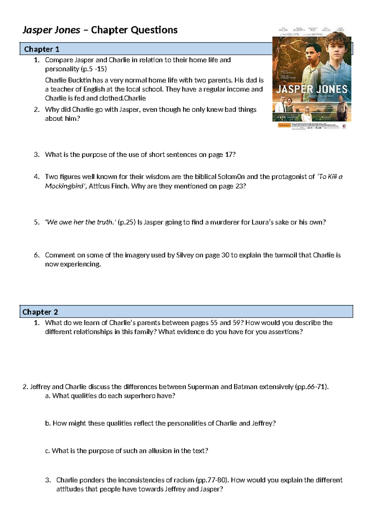 Jasper Jones (ENG101) Chapter Questions and Analysis - Studocu