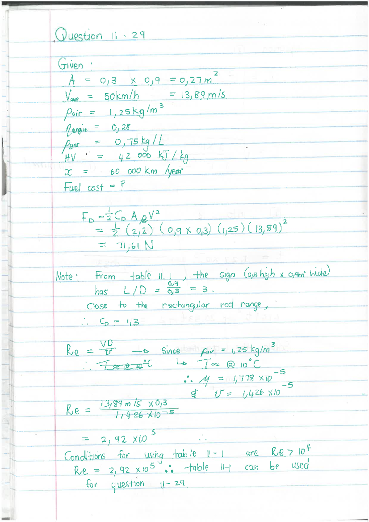 Question 11-29: Drag and Lift Calculations in Fluid Dynamics - Studocu