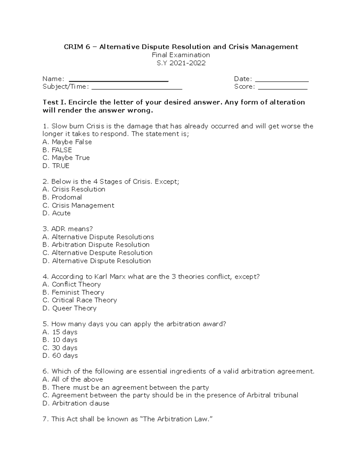 CRIM 6 - Final Exam (TQ) - Alternative Dispute Resolution & Crisis Mgt ...