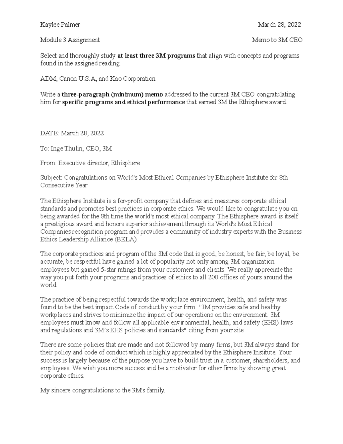 Module 3 Assignment Memo to 3M CEO - Kaylee Palmer March 28, 2022 Module 3 Assignment Memo to 3M ...