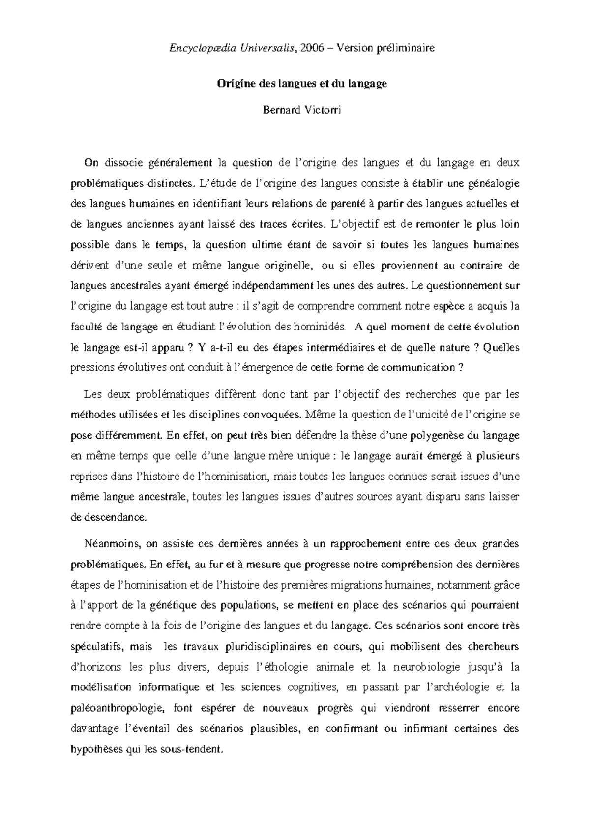 Origine des Langues et du Langage - Étude 2006 - Studocu