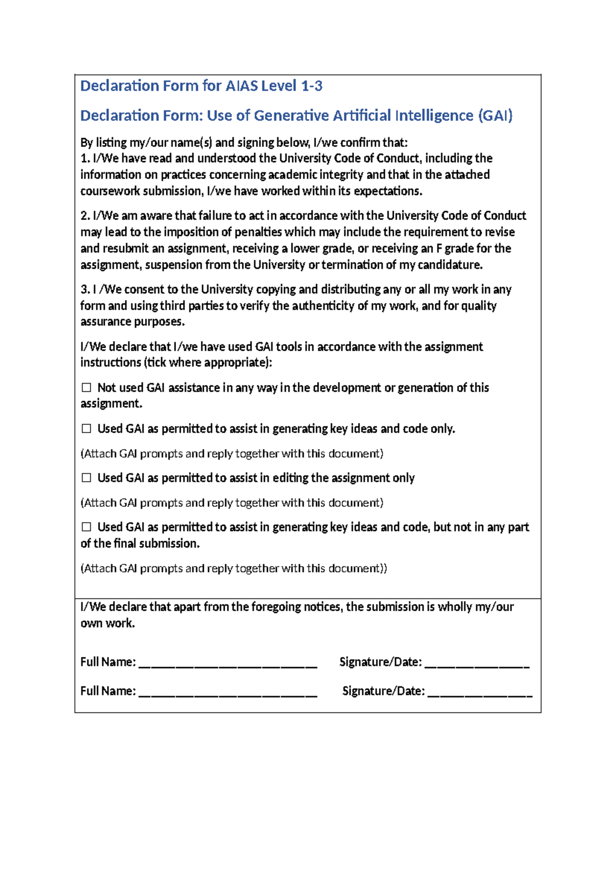 Declaration on Use of GAI (Updated) - Declaration Form for AIAS Level 1 ...