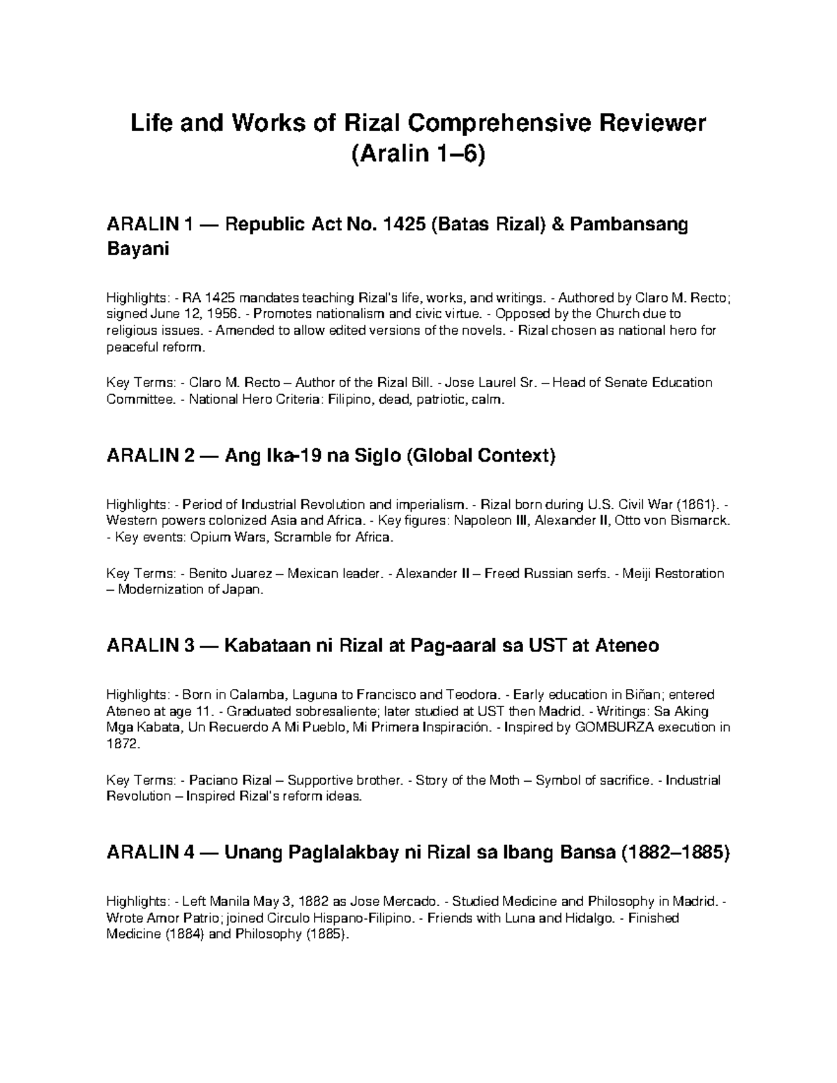 Life and Works of Rizal Comprehensive Reviewer (ARALIN 1-6) - Studocu