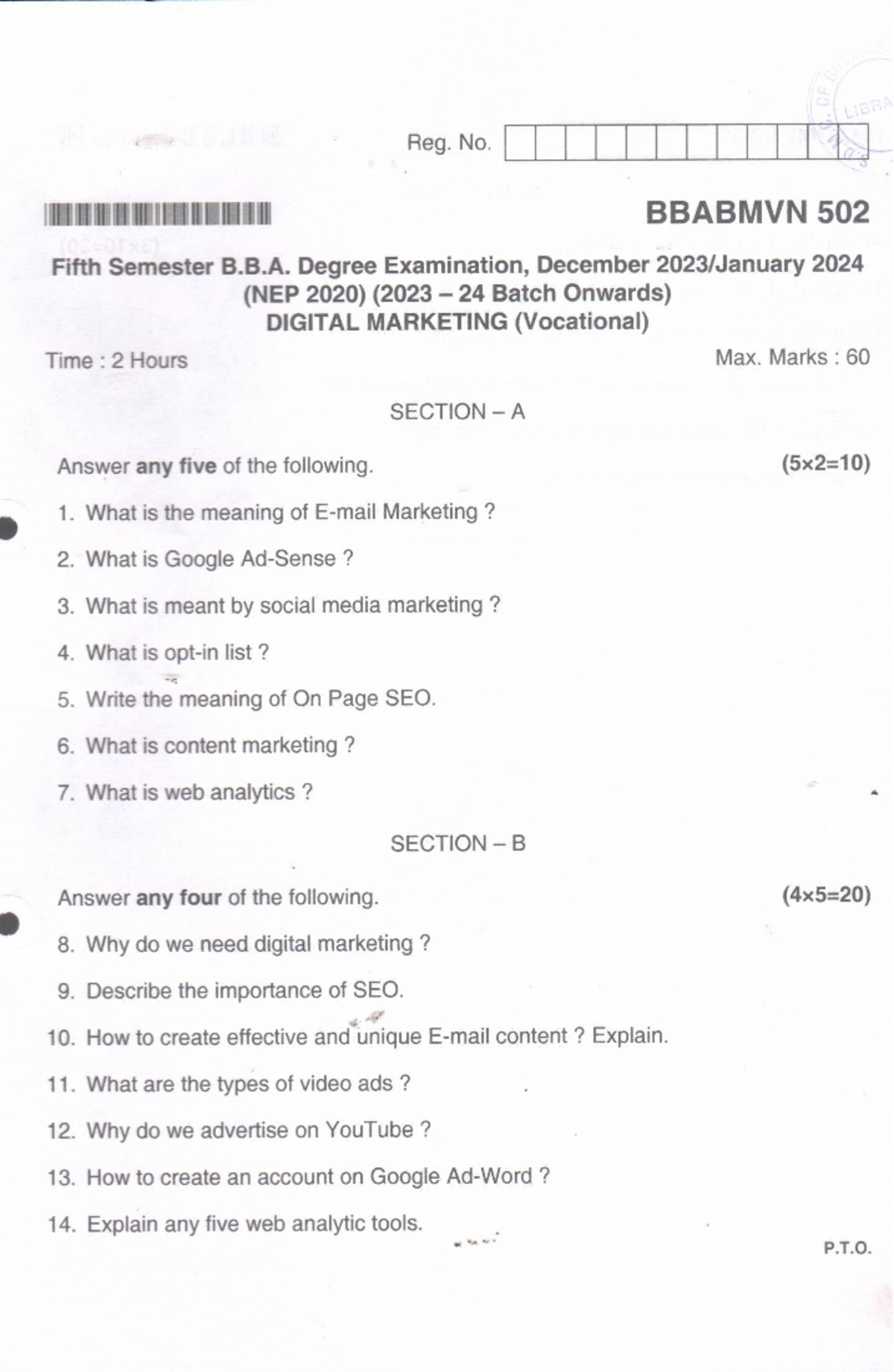 BBA V Sem Digital Marketing Exam Dec 2024 NEP 2020 (Vocational) - Studocu