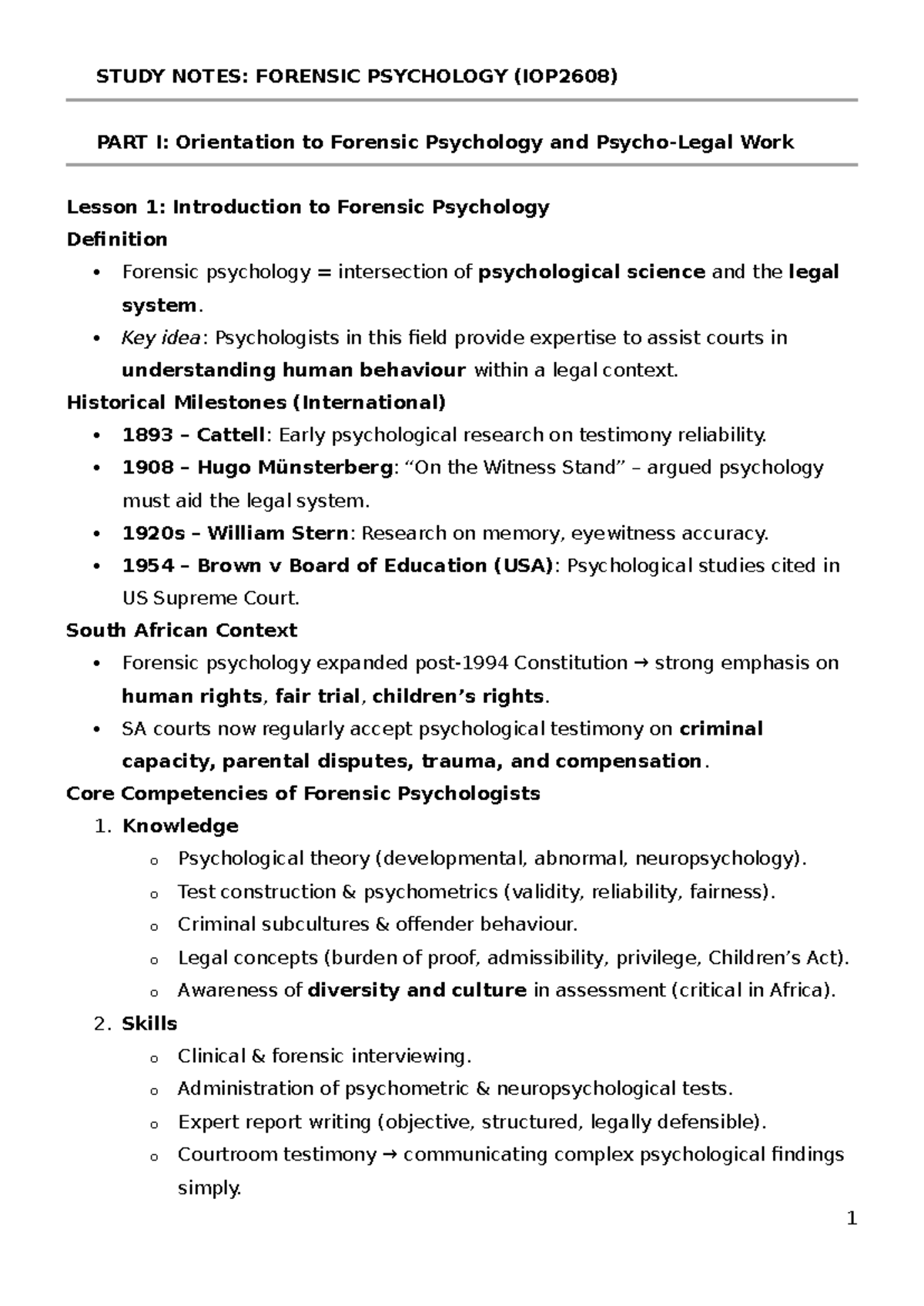 Forensic Psychology Study Notes (IOP2608): Key Concepts & Assessments ...